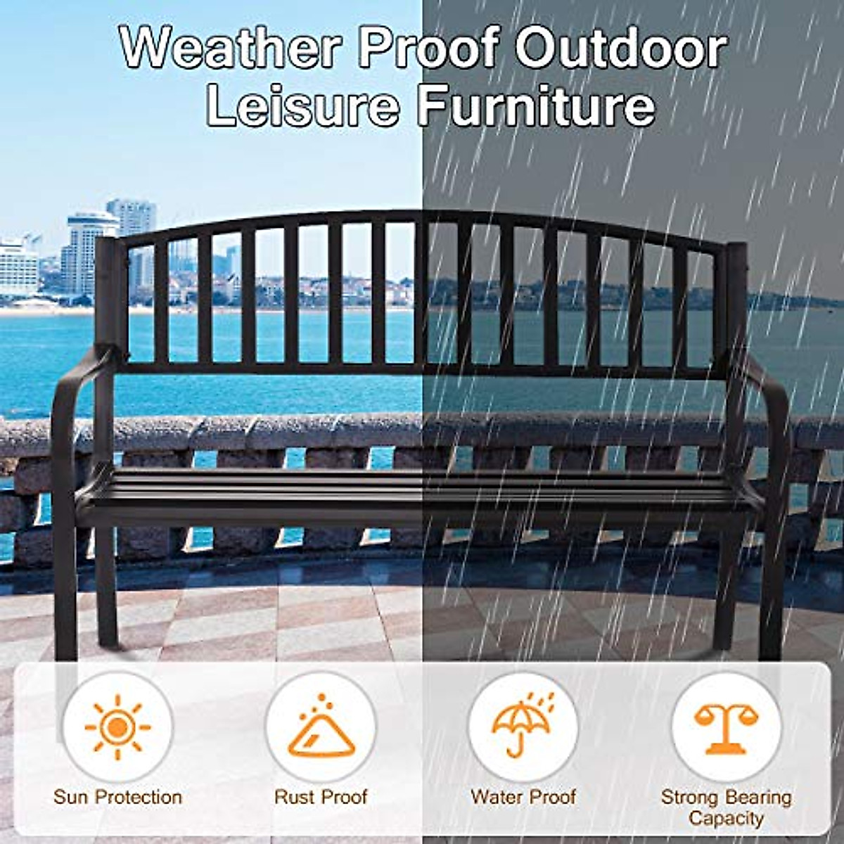 Giantex Outdoor Bench, 50” Patio Garden Bench with Steel Frame, Slat Design, 500 Lbs Weight Capacity, Patio Seating Bench for Porch, Backyard, Poolside, Outside Decor Furniture, Park Loveseat, Black