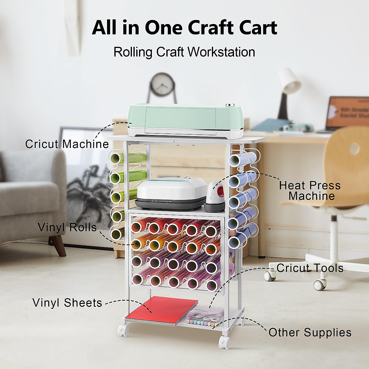 30 Vinyl Roll Holders for Cricut Cart, Cricut Organization and Storage Compatible with Cricut Maker Machine, Crafting Table Organization Workstation for Craft Room, Rolling Craft Cart for Small Spaces