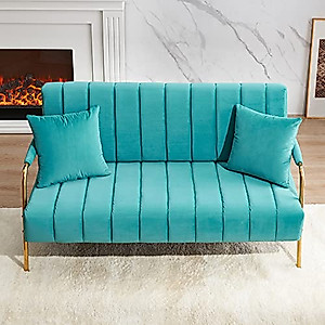 Yoluckea Cashmere Loveseat Chair Modern Loveseat Sofa with Gold-Finished Metal Legs Comfortable Sofa Couch Accent Sofa with 2 Small Pillows for Living Room Bedroom Load 500 Pounds (Blue)