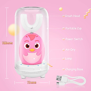 Twinto Electric Toothbrush Kids, U-Shaped Children's Toothbrush, Waterproof Cordless Rechargeable Toothbrush Teeth Whitening for 3-6 Years Boys Girls (Pink)