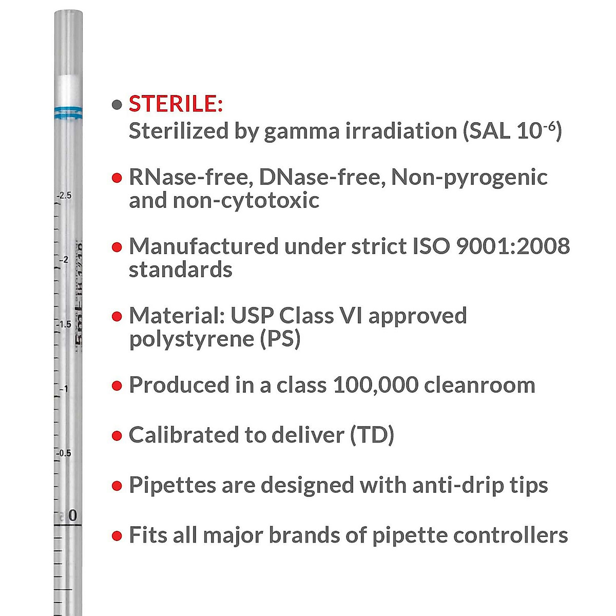 Globe Scientific 1740 Polystyrene UniPlast Serological Pipette, 5mL Capacity, Standard Tip, 296mm Length, Sterile, Blue Striped, Individually Wrapped (Case of 250)