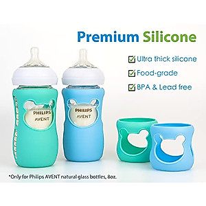 100% Silicone Baby Bottle Sleeves for Philips Avent Natural Glass Baby Bottles, Premium Food Grade Silicone Bottle Cover, Cute Bear Design, 8oz, Pack of 2 (Blue and Turquoise)