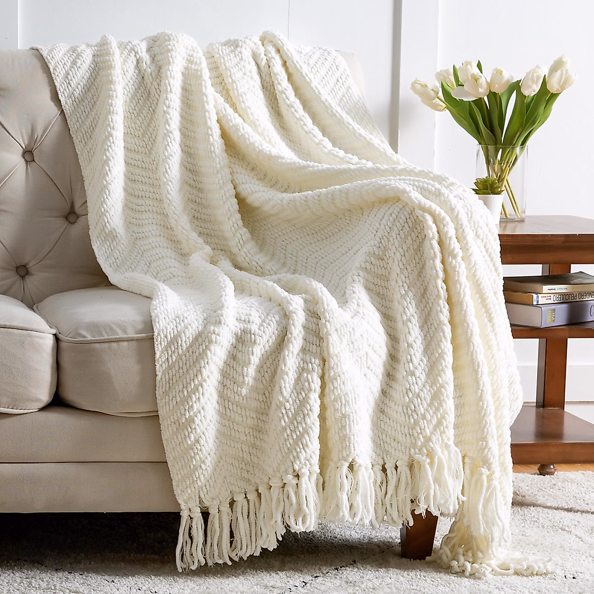 Bedsure White Throw Blankets for Couch - Textured Knit Woven Chenille Blanket - Super Soft, Warm Decorative Boho Throw with Tassels for Bed, Sofa and Living Room, Cream White, 50x60 Inches