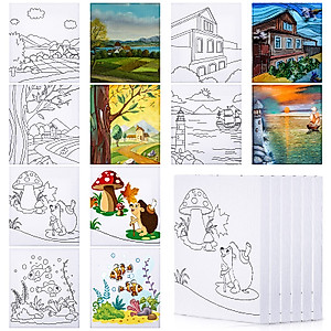 12 Pcs Pre Drawn Outline Canvas 10 x 8 Inch, Pre Drawn Stretched Canvas Painting Boards for Painting Art Party Favor for Adult Student Kids DIY Painting(Rustic Style)