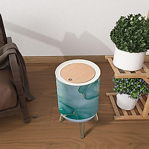 PHAIBHKERP Trash Can with Lid Pastel Cyan Mint Liquid Marble Watercolor Gold Lines Brush Garbage Can Round Waste Bin Press Cover Dog Proof Wastebasket for Kitchen Bathroom Living Room Nursery 1.8gal