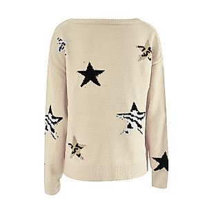 Women's Fall Tops, Chunky Sweater Women Cute Sweaters Long Sleeve Fitted for Ladies Fashion Sweater Roundneck Stars Knit Pullover Sweater Sweatshirts Cream 2022 Cowl Maternity Tops (M, Beige)