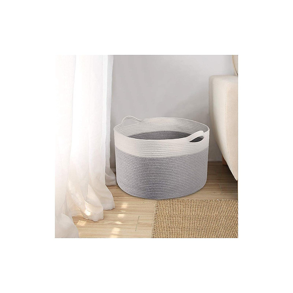 Actume XXXL Cotton Rope Basket 21" X 21" X 14" Decorative Woven Basket, Laundry Baskets for Blanket Toys Towels Nursery Hamper Bin with Handle, Grey White