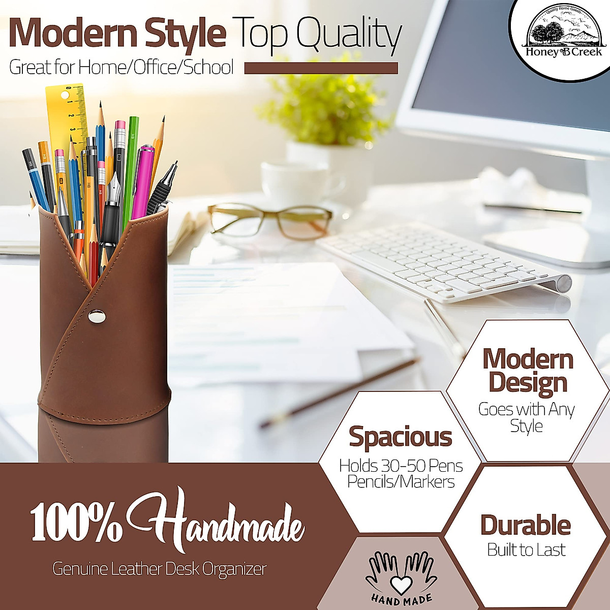 Desk Accessories for Women Office- Pen Holder Handmade with Genuine Leather for Desk Organization or Storage for Remote Controls | Eyeglasses | Sunglasses | Office Supplies | Sewing Supplies (Brown)