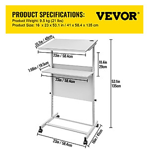 VEVOR Stand Up Lectern, Height Adjustment Portable Pulpit, Lectern Podium with 4 Rolling Casters, Lower Storage Shelf Floor Lectern Podium, White Lecterns & Podiums for Classroom, Concert, Church