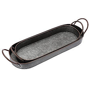 Hipiwe Set of 2 Galvanized Metal Iron Tray with Handles Oval Farmhouse Serving Tray Rustic Industrial Decorative Tray Centerpiece Tray for Coffee Table Weddings Home Decor