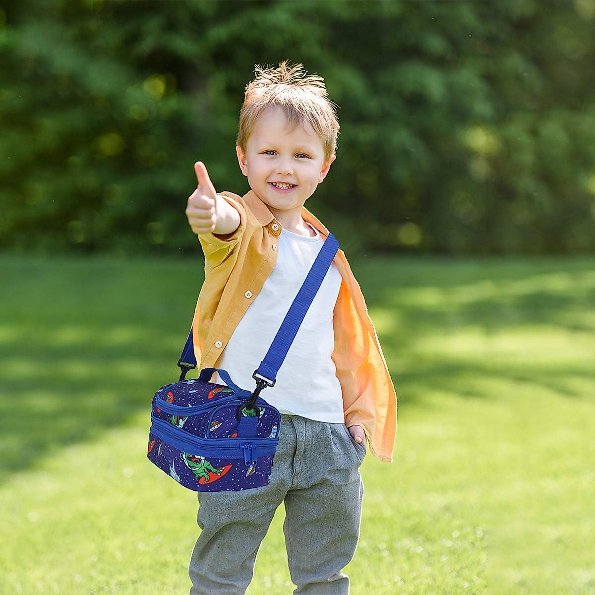 Kasqo Lunch Box Bag for Boys, Insulated Cooler Bag Kids Lunch Tote with Dual Compartments, Blue Dinosaur