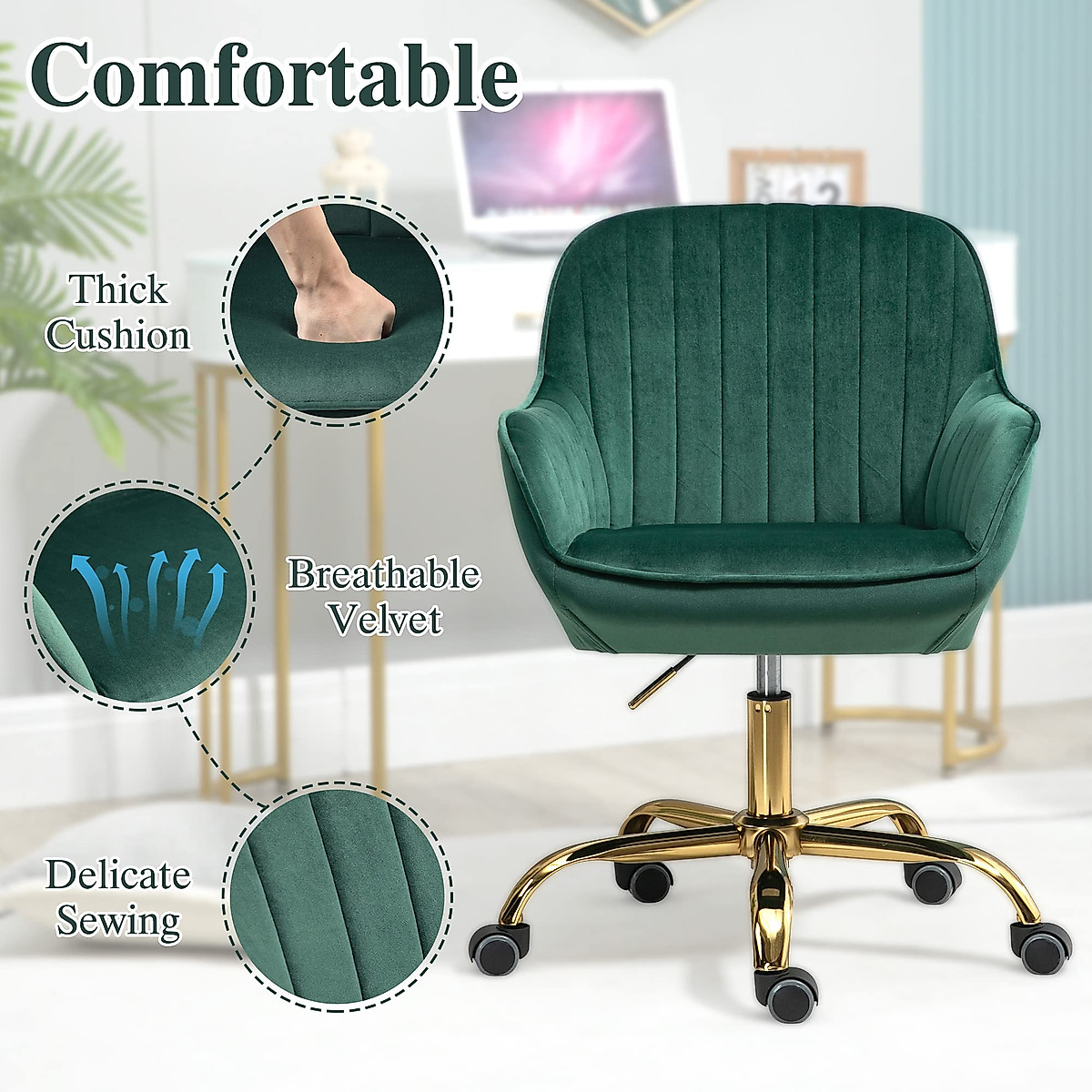 NORDICANA 360° Home Office Chair Ergonomic Task Chair, Swivel Desk Chair, Upholstered Velvet Computer Chair, Gold Metal Base, Dark Green