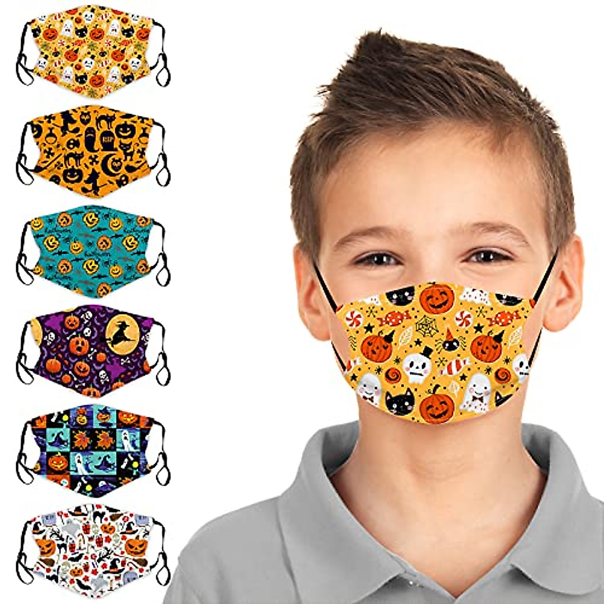 6Pcs Kids Halloween Face Bandanas Breathable Washable Maslks Costume Accessories Gift for Boys Girls