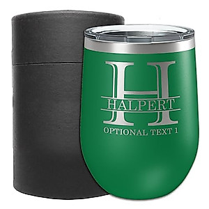 Personalized 12oz (17 Colors) Powder Coated Stainless Steel Stemless Wine Tumbler with Lid, Custom Etched, Customized Gift for Women Her, Wine Lover, Halpert Monogram Initial Name (Green)
