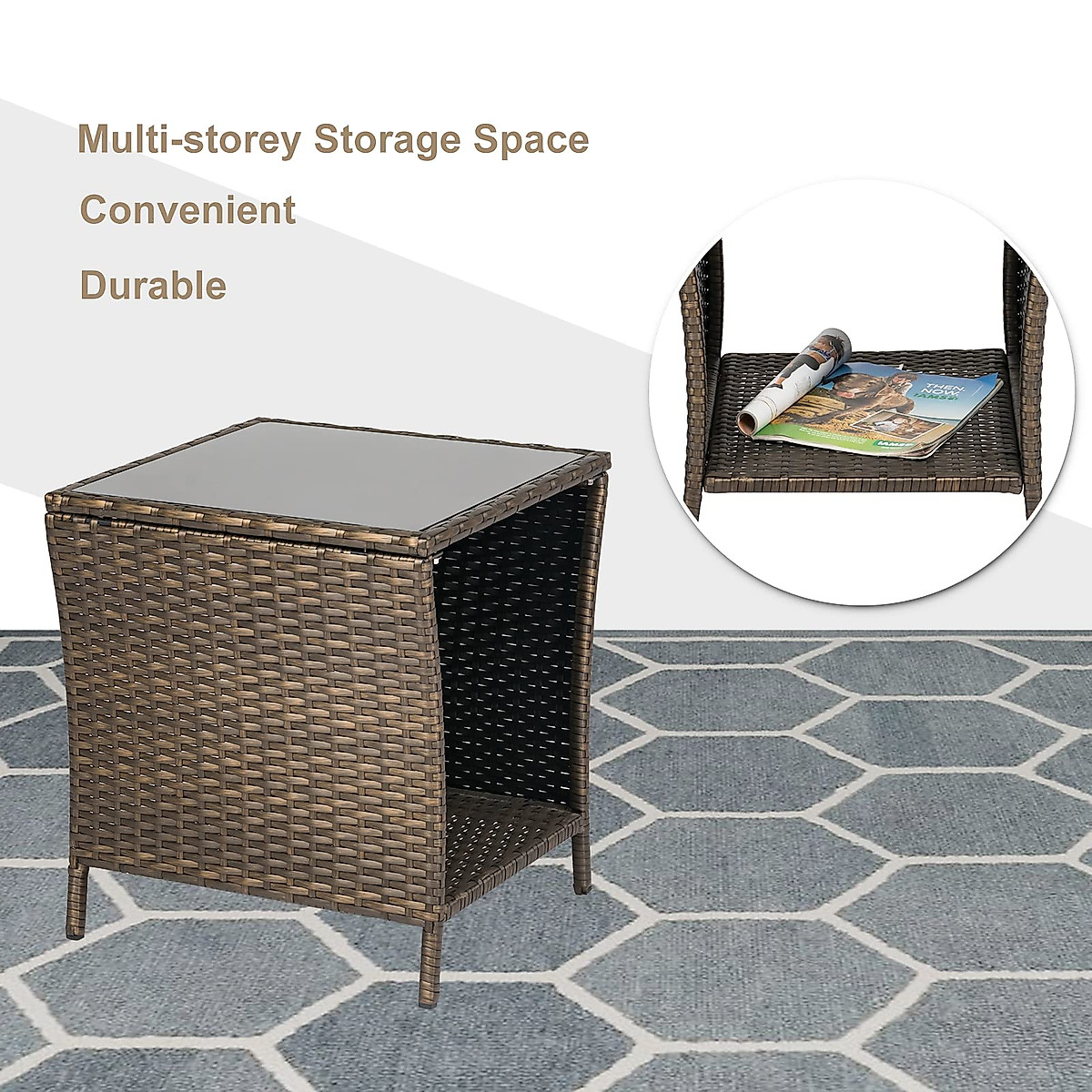 Kinsunny Outdoor Bistro Table PE Wicker Rattan Side Table Square End Table with Glass Top for Backyard Lawn Balcony, Brown