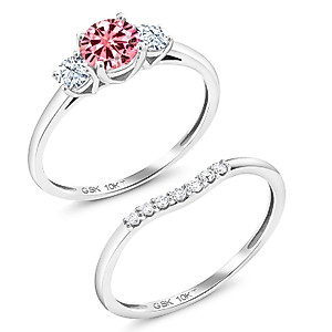 Gem Stone King 10K White Gold Pink Moissanite and White Created Sapphire and White Lab Grown Diamond 3-Stone Bridal Engagement Wedding Ring Set For Women (0.80 Cttw, Gemstone, Round 5MM, Size 6)