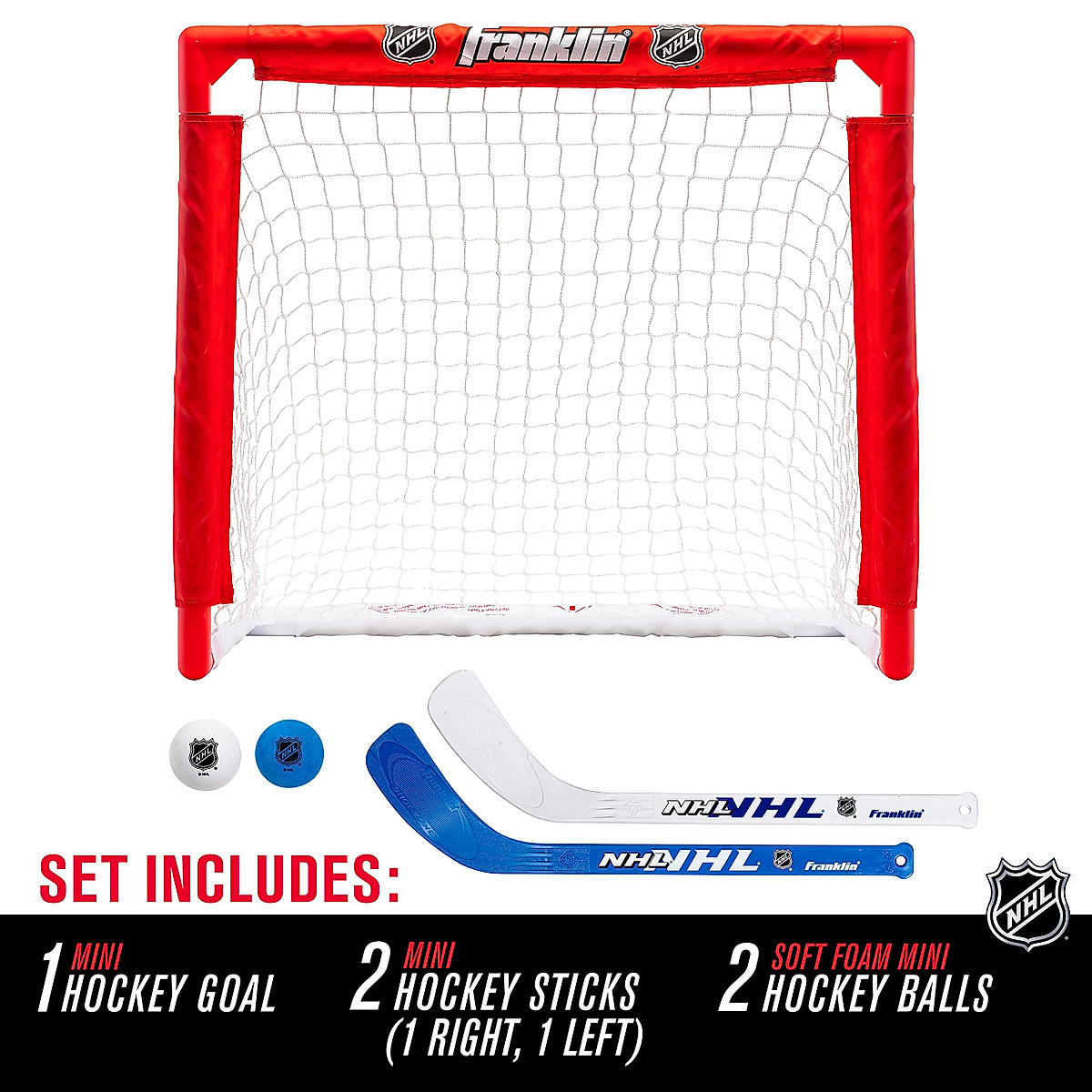 Franklin Sports NHL Kids Mini Hockey Set - Includes 1 Knee Hockey Goal - 2 Mini Hockey Sticks + 2 Foam Balls - Indoor Toy Mini Hockey Goal + Sticks Set,Red
