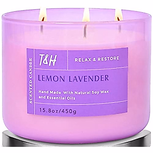 3 Wick Candle - Lemon Lavender Scented Candle with Cedar, Ylang-Ylang & Violet – Strong Candles for Home Scented – Aromatherapy Candle 15.8 oz - Lavender Candle - Natural Soy Candles for Men & Women