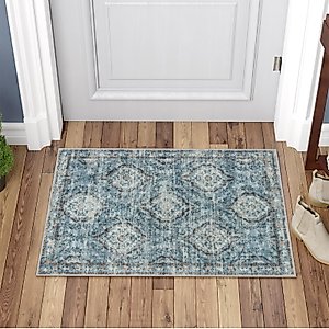 Washable Small Area Rug 2x3,Boho Vintage Blue Entryway Rugs Indoor Non Slip,Low Pile Soft Foldable Accent Rug Floor Door Mat,Retro Distressed Floral Print Rug for Kitchen,Indoor,Bathroom