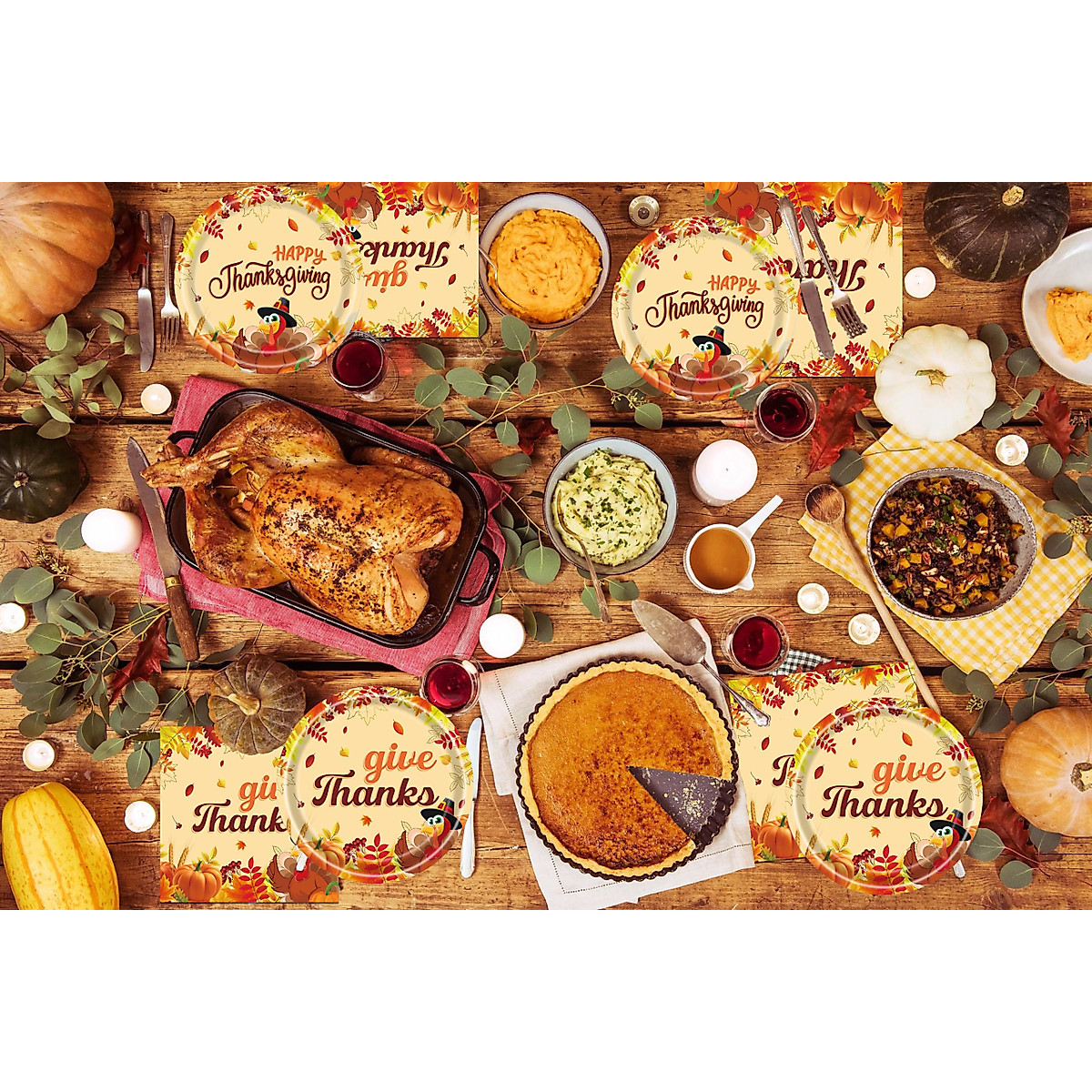 Thanksgiving Party Supplies Tableware Set, Fall Turkey Dinner Plates, Dessert Plates, Napkins for Happy Thanksgiving Party Decorations, Serve 16