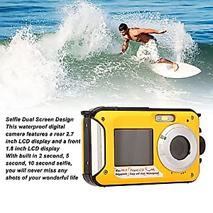 Waterproof Digital Camera, Full HD 2.7K 48MP 10ft Waterproof Underwater Digital Camera, 16X Digital Zoom Front Rear Double Screens Waterproof Digital Camera (Yellow)