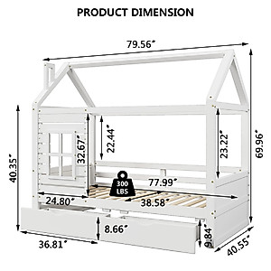 Aoowow Twin Size Kids House Bed with 2 Drawers, Wooden Platform Twin Bed Frame with Window and Roof for Bedroom, Modern Twin Size Kid Playhouse Bed with Slats for Boys Girls, Can be Decorated, White