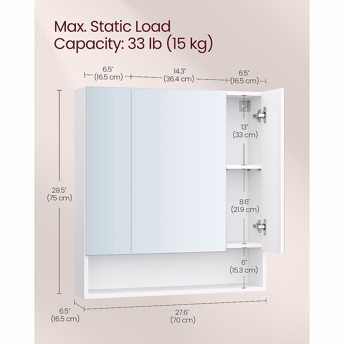 VASAGLE Medicine Cabinet Mirror, Bathroom Mirror with Storage, Bathroom Mirror Cabinet, Wall Mirror Cabinet, Open Compartment, Adjustable Shelves, 6.5 x 27.6 x 29.5 inches, Cloud White UBBK129W01