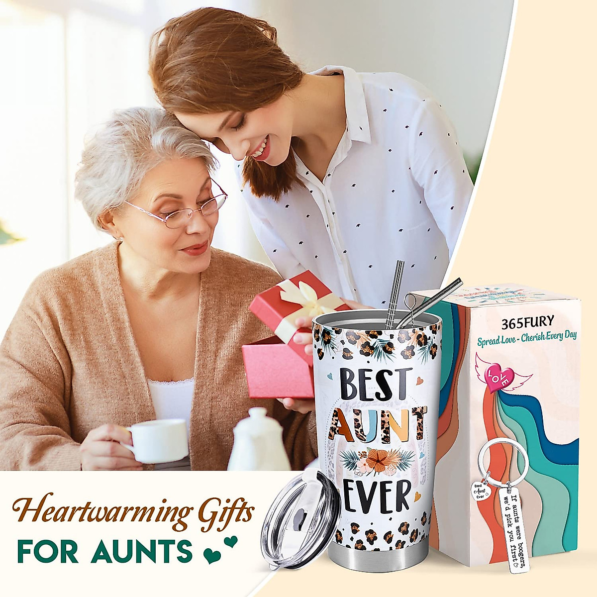 Aunt Gifts - Gifts For Aunt From Niece, Nephew - Mother Day, Birthday Gift For Aunt, New Aunt, Aunties - Best Aunt Ever Gifts, Aunt Announcement, Auntie Gifts Set - Tumbler 20 Oz & Aunt Keychain