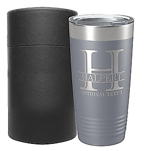 Personalized 20oz (17 Colors) Powder Coated Insulated Stainless Steel Tumbler with Lid, Custom Etched, Customized Engraved Gift Idea for Women Men Her Him, Halpert Monogram Initial Name (Gray)