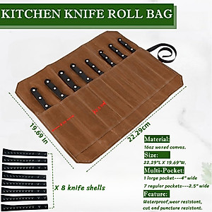 BLIRITEL Knife Roll, Waxed Canvas Chef Knife Roll Bag, 8 Knife Slots for Cutlery Knives, Portable Knife Bag Knives Pouch Holder protectors with 8 PCS Knife Sheath for Kitchen Travel Camping