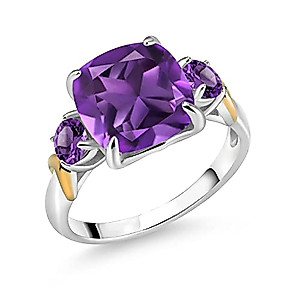 Gem Stone King 925 Silver and 10K Yellow Gold Purple Amethyst 3 Stone Ring For Women (3.50 Cttw, Gemstone February Birthstone, Cushion 10MM, Round 4MM, Available In Size 5, 6, 7, 8, 9)
