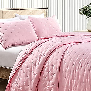 Mocaletto Reversible Quilts Set Queen Size, 3 Piece Pink Quilt with Pillow Shams, Point Pattern Microfiber Bedspread, Lightweight Soft All Season Coverlet for Bedroom,Hotel &Gift