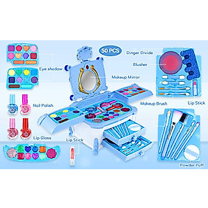 Kids Makeup Kit for Girl, Babbyo Upgrade 50 pcs Kids Make up Kit, Safety Tested Real Washable Make Up Toy Set with Portable Box, Prentent Play Make Up for Girls Birthday Present Toys