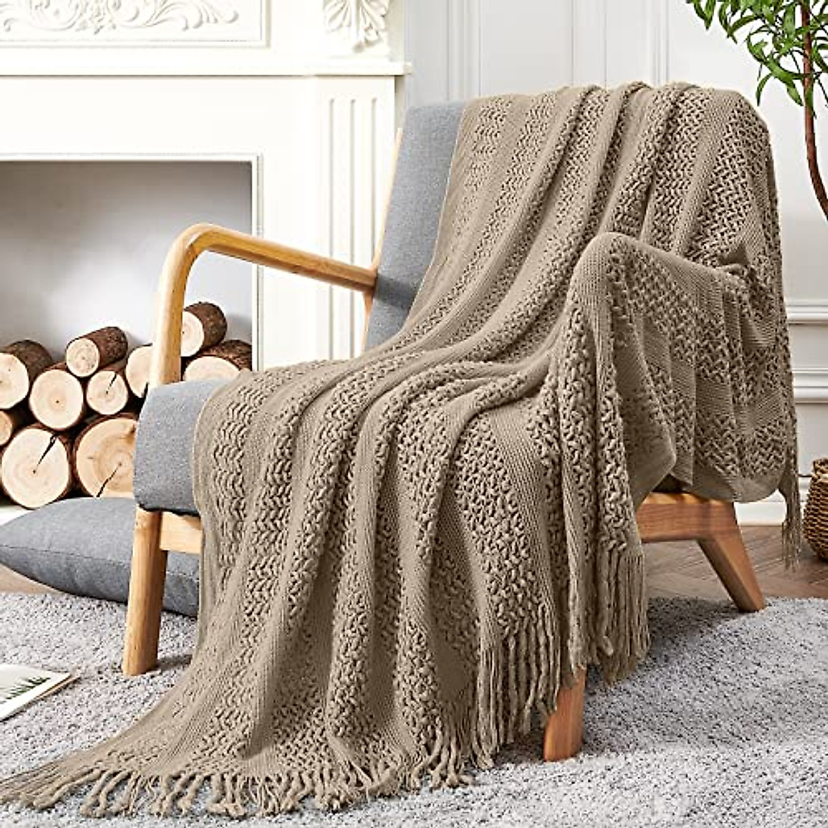 jinchan Knit Throw Blanket Taupe Soft Couch Throw Blanket with Tassels Spring Bed Throw Blanket Indoor Outdoor Travel Warm Coverlet for Sofa Comforter Living Room Decor Nursery Gift 50 x 60 inch