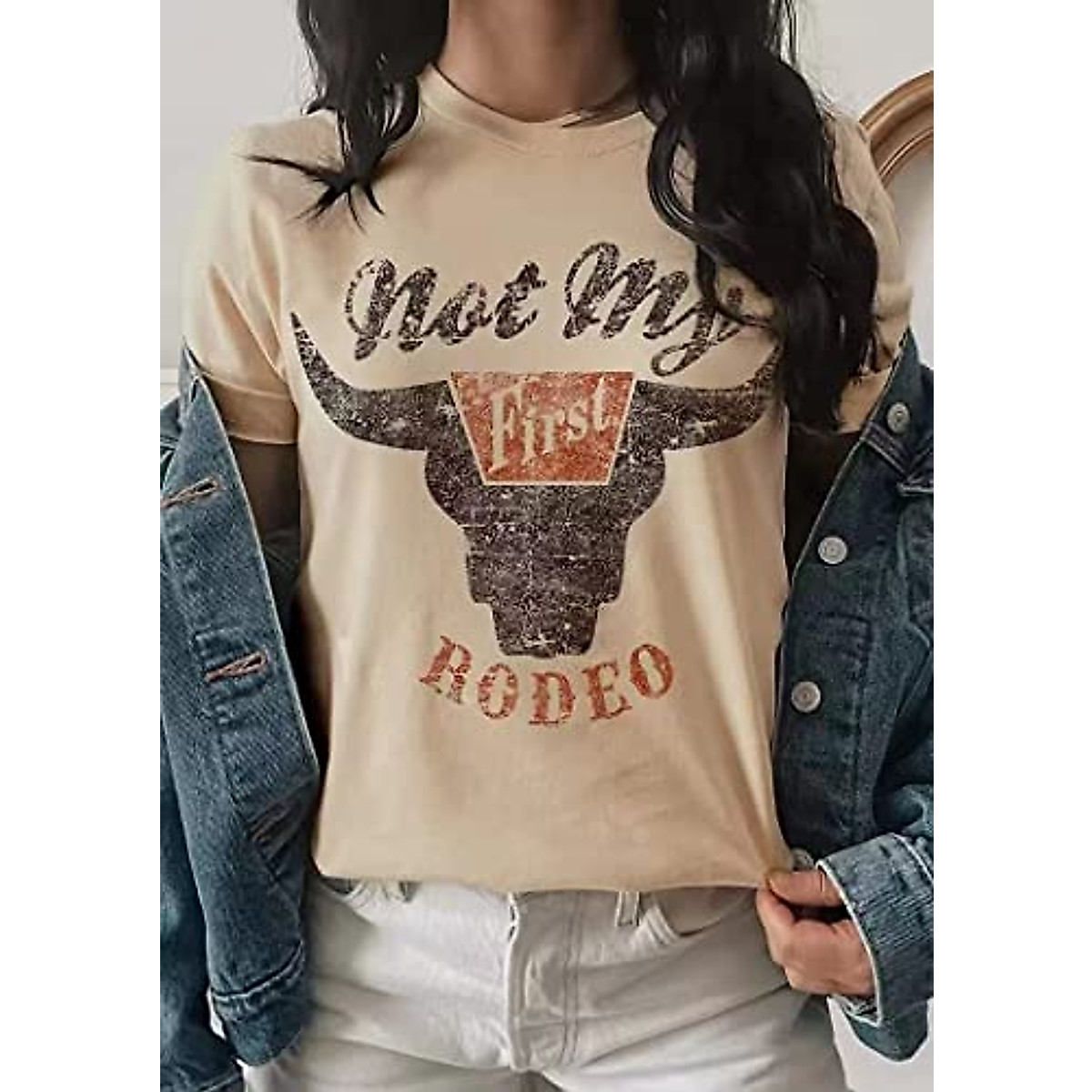 GEMLON Not My First Rodeo Cowgirl Western T-Shirt Tee Womens Casual Country Concert Short Sleeve Shirt Tops Apricot M