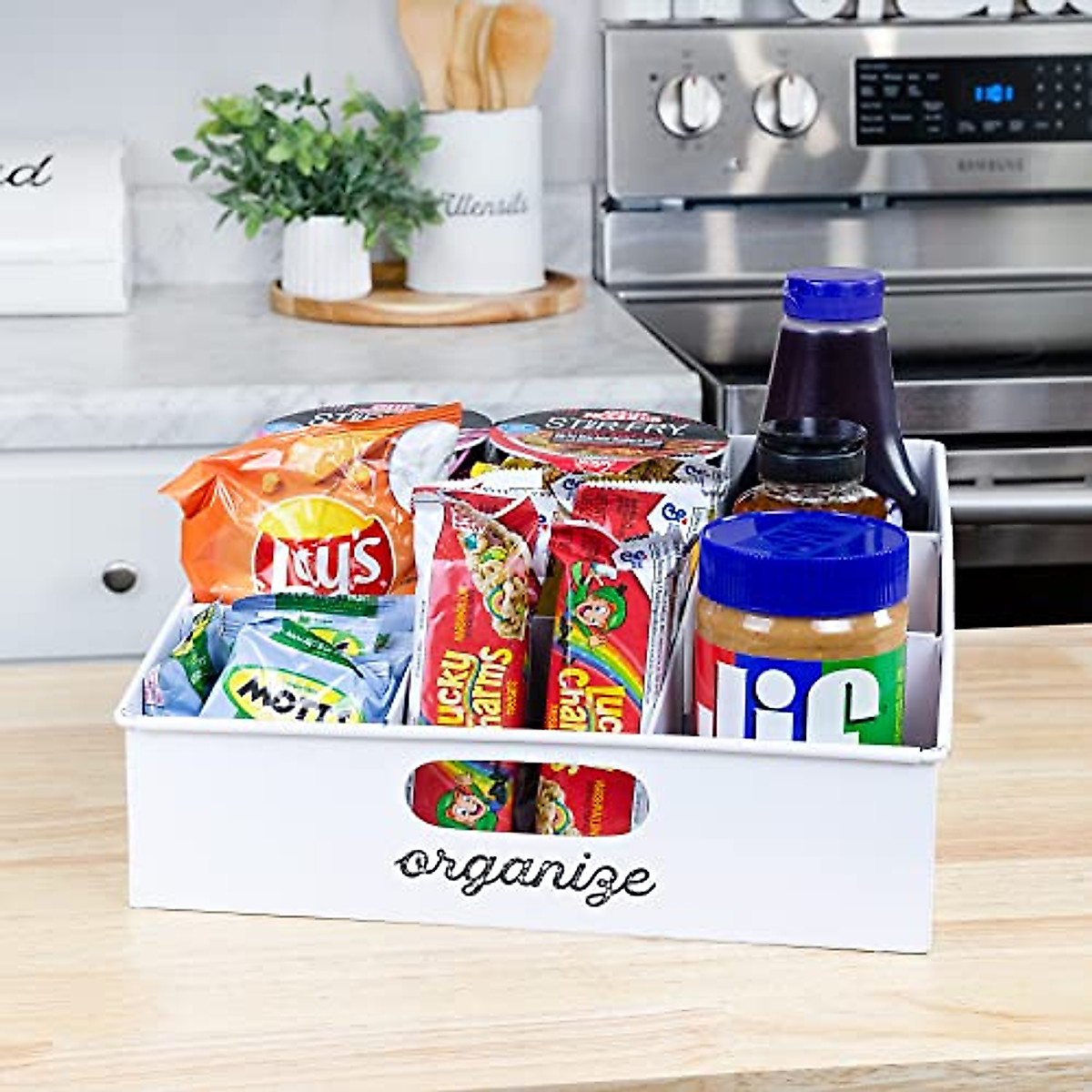 AuldHome Enamelware Farmhouse Snack Caddy (White); Rustic Countertop Storage Container with Dividers