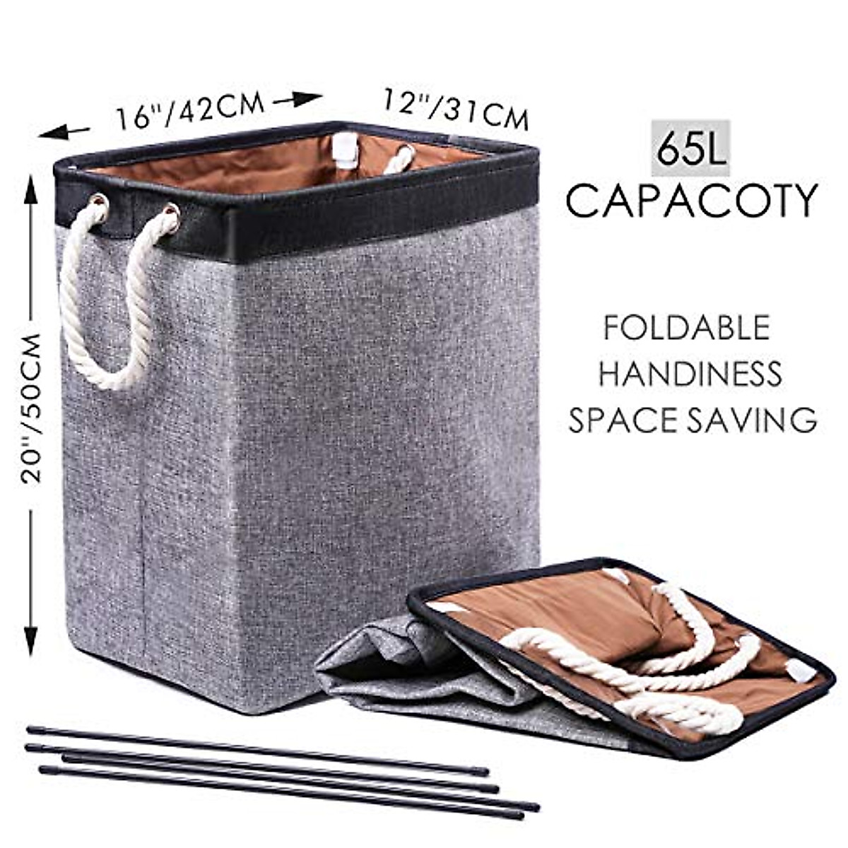 JYHJ Laundry Hamper with Handles Hampers for Laundry Foldable Fabric Laundry Basket Built-in Lining with Detachable Brackets for Bathroom Clothing Washing Storage, Grey