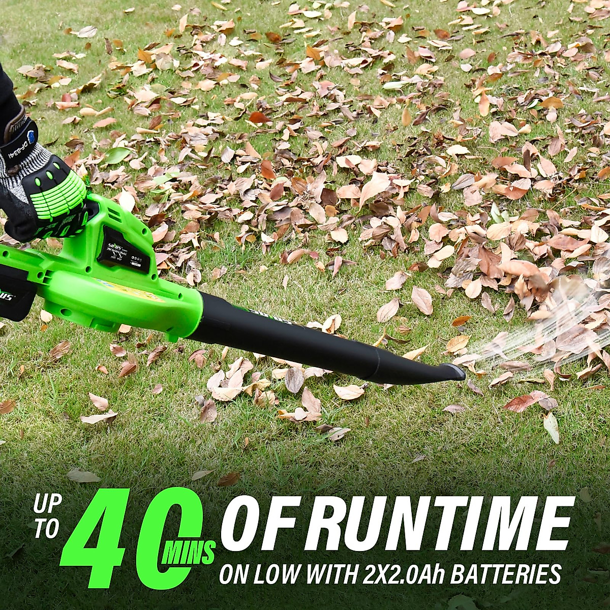 SOYUS 20V Cordless Leaf Blower with 2x2.0Ah Battery and Charger, 150 MPH Electric Leaf Blower, Two-Speed Mode, Green