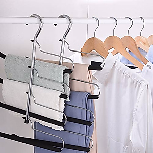 HOUSE DAY Pants Hangers 4 Layers Space Saving Multi Functional Pants Rack Non-Slip Clothes Closet Storage Organizer for Pants Jeans Trouser Skirts Scarf Black (4 Pack)