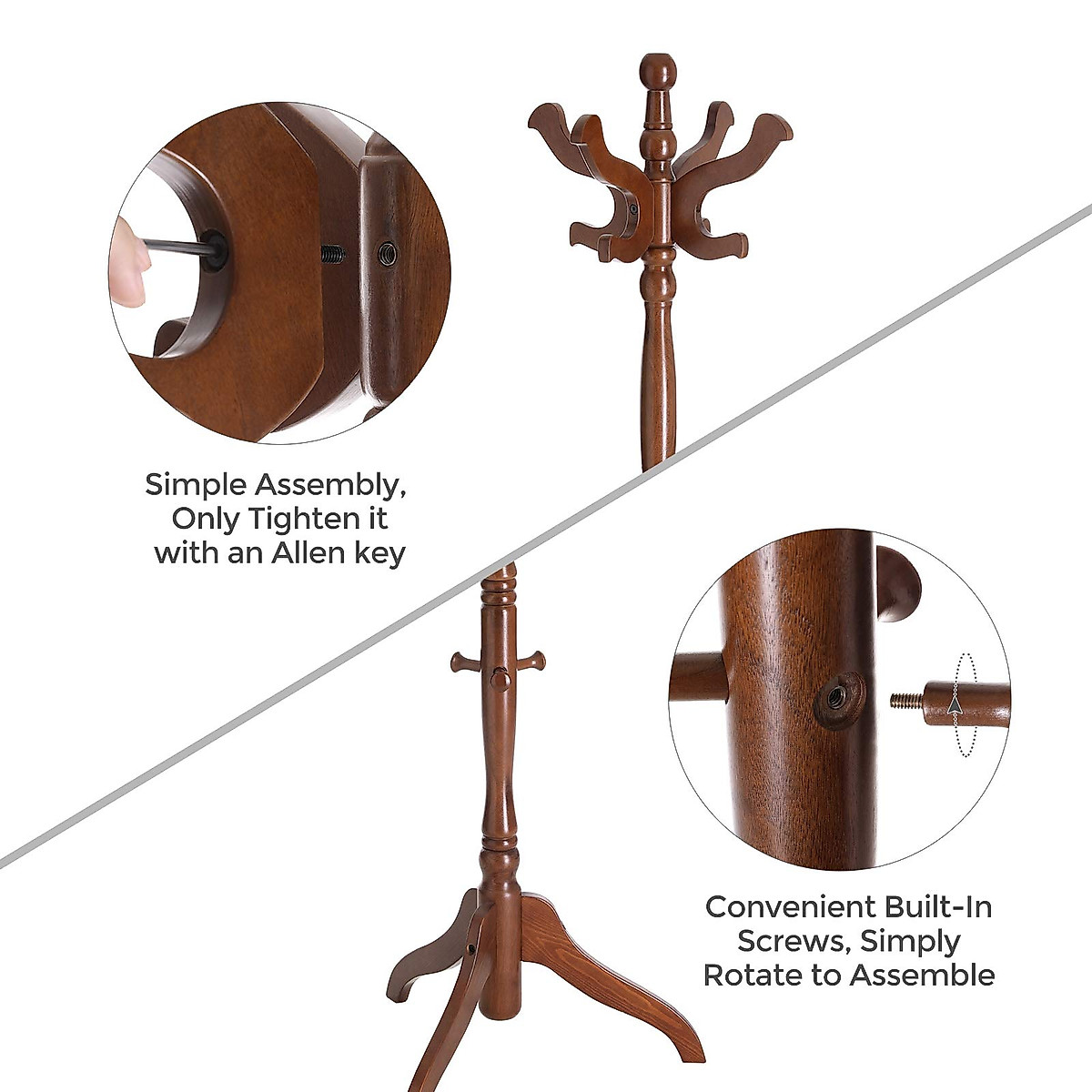 VASAGLE Coat Rack Free Standing with 11 Hooks, Wooden Hall Tree Coat Hat Tree Coat Holder with Solid Rubberwood Base for Coat, Hat, Clothes, Scarves, Handbags, Umbrella, Dark Walnut URCR05WN