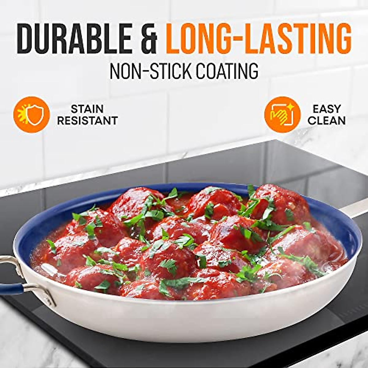 NutriChef 14" Fry Pan With Lid - Extra Large Skillet Nonstick Frying Pan with Silicone Handle, Ceramic Coating, Blue Silicone Handle, Stain-Resistant And Easy To Clean, Professional Home Cookware