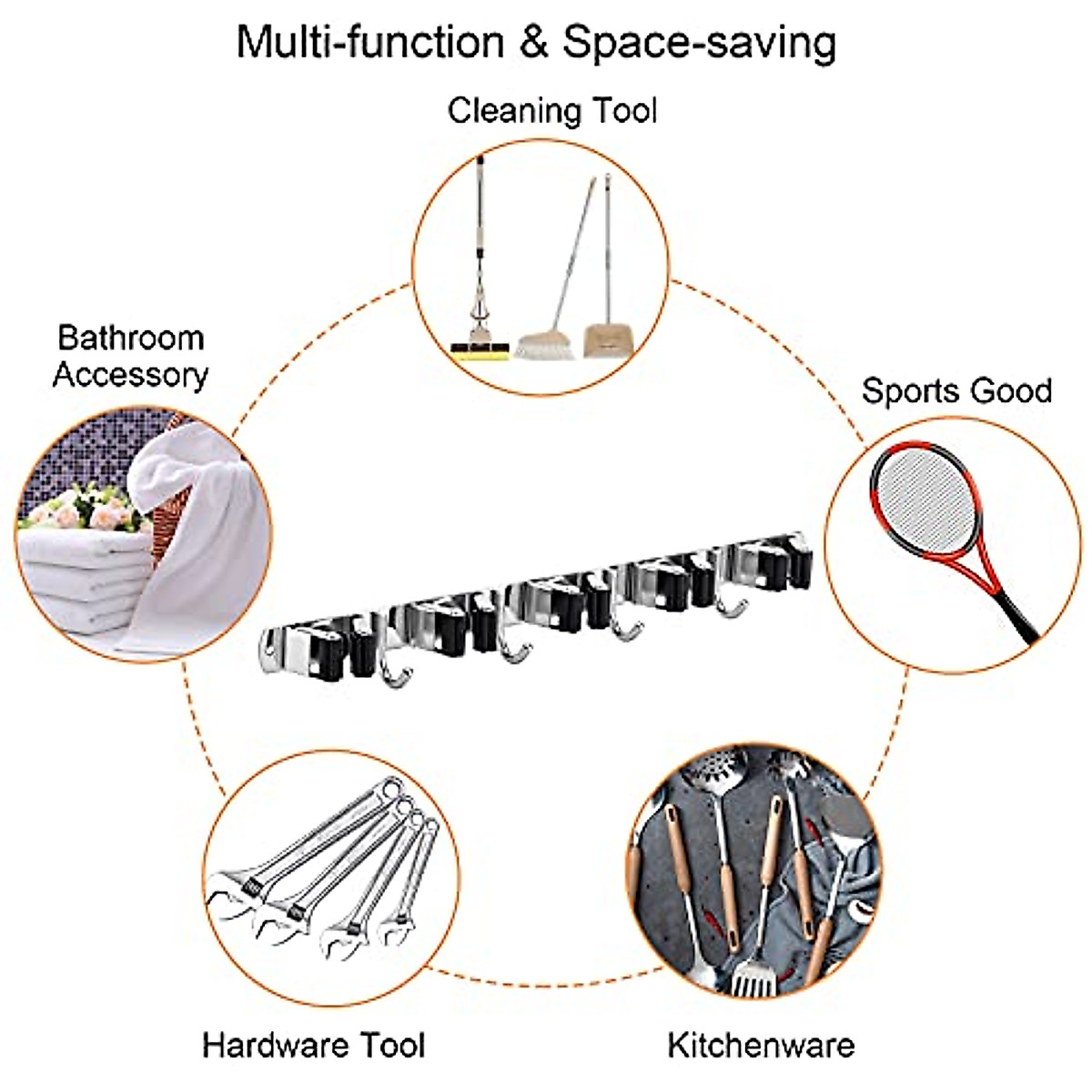 Mop Broom Holder Wall Mounted,Heavy Duty Mop and Broom Wall Mount Stainless Steel with 5 Racks 4 Hooks for Laundry Room, Home, Garage, and 1 hook Separated included （Black）