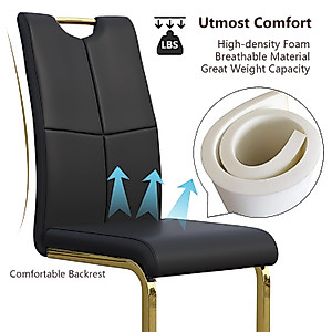 Modern Dining Table Set for 4, 5 PCS 39 Inch Round Tempered Glass Table with PU Leather Chairs for Small Living Room, Dining Room, Kitchen, Black with Gold Base