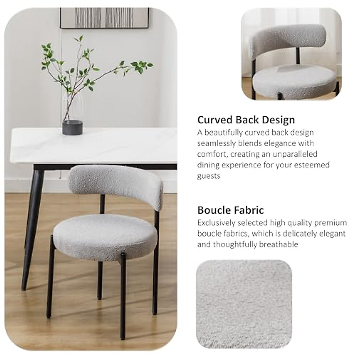 Locus Bono Boucle Dining Chairs Set of 2, Modern Upholstered Dining Room Chairs, Armless Kitchen Chair for Dining Room, Living Room, Black Metal Legs (Light Grey)