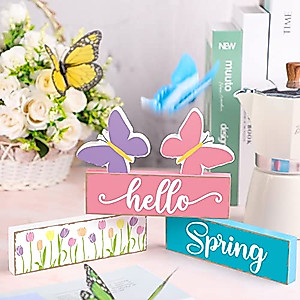 5 Pcs Hello Spring Tiered Tray Decorations Rustic Spring Table Decor Farmhouse Spring Decorations for Home Spring Wood Sign Hello Spring Table Centerpiece Standing Decor for Shelf Tabletop Fireplace