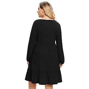 ShopWonder Women's Plus Size Casual Tunic Mini Dress Lantern Sleeve Ruffle Hem V Neck Loose Swing Fall Dresses Plus Size(Black,2XL)