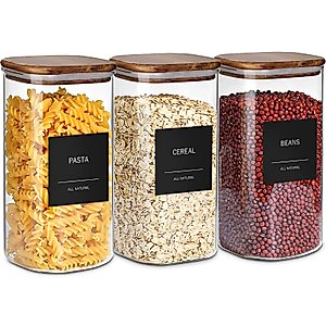 GMISUN Pantry Storage Container, 50oz Airtight Glass Food Storage Jars with Wooden Lids, Cereal and Pasta Storage Containers for Pantry, 3 Pack CLear Square Glass Kitchen Canisters for Flour, Rice