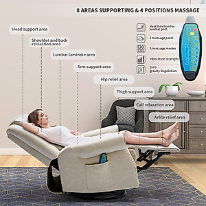 Vicluke Microfiber Technology Cloth Massage Recliner Chair 360°Swivel Heated, Faux Leather Ergonomic Recling Sofa with Rivet Decoration, Recliner Rocking Chair for Living Room, Office(Off-White)