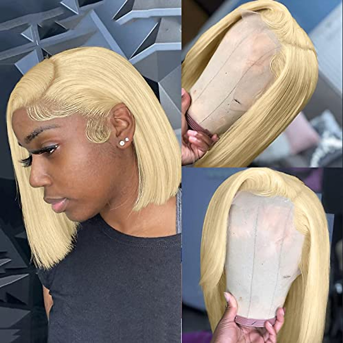 Lovigs Transparent Lace Front Wigs Human Hair with Baby Hair Natural Hairline Blonde Bob Wig Straight Hair Brazilian Virgin Human Hair 613 Bob Wigs for Black Women(8 Inch 613 color)