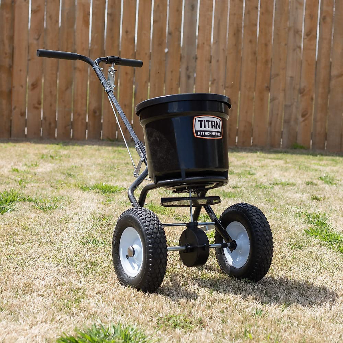 Titan Attachments 50 lb Professional Fertilizer Push Broadcast Spreader, Spreads 10 to 12 FT, Lawn Care and Ice Melter, Yard Tool